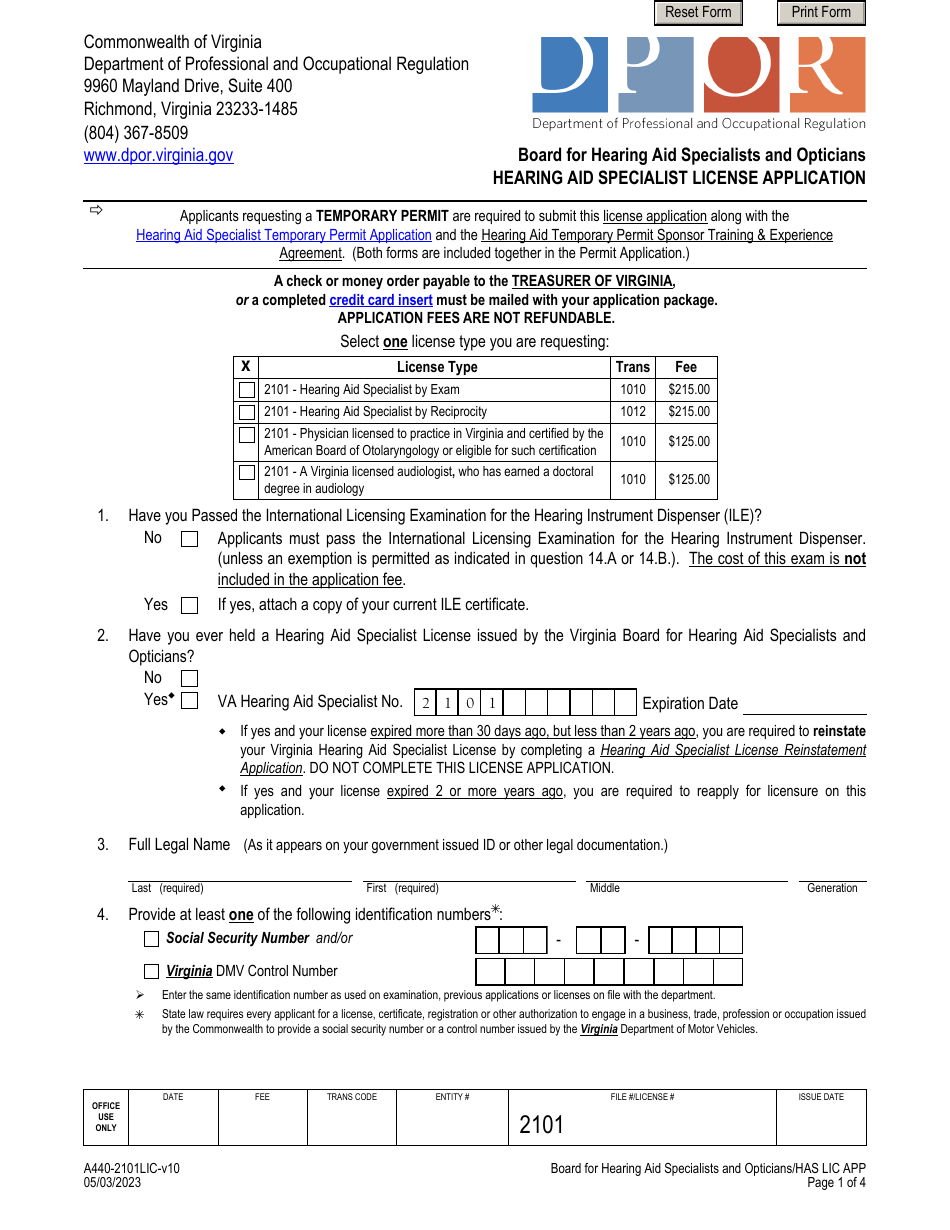 Form A440-2101LIC Download Fillable PDF or Fill Online Hearing Aid ...