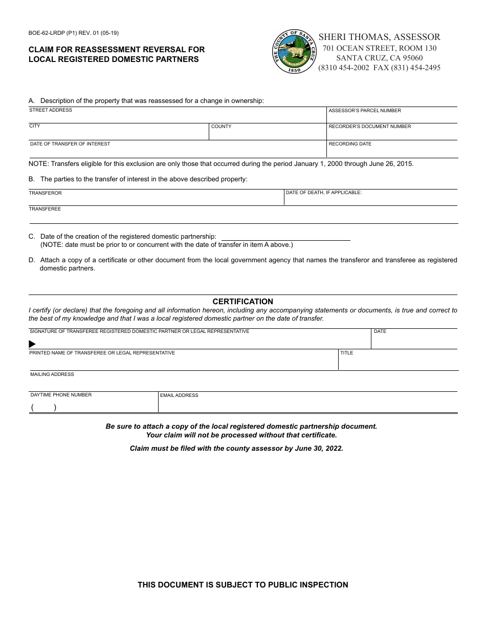Form BOE-62-LRDP - Fill Out, Sign Online and Download Fillable PDF ...