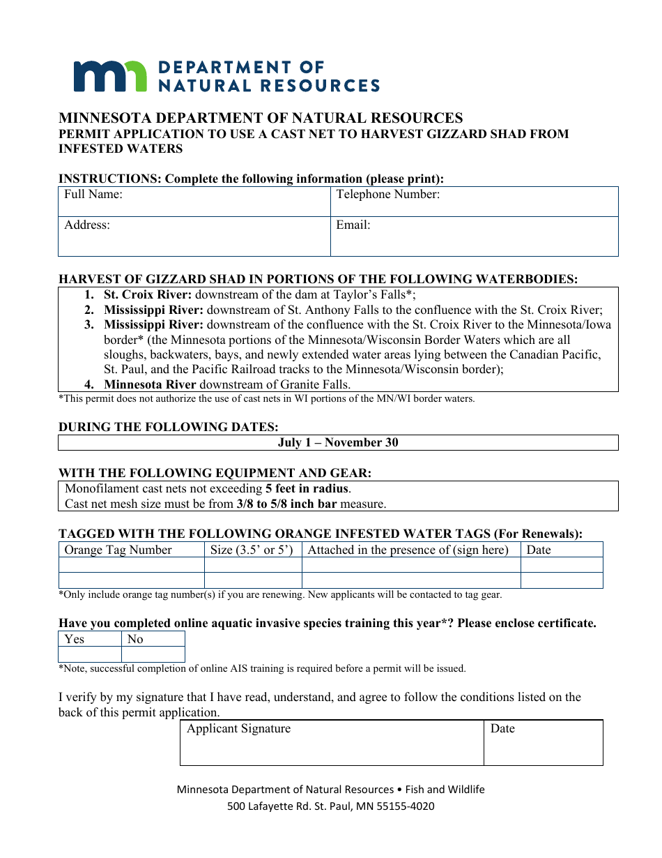 Minnesota Permit Application to Use a Cast Net to Harvest Gizzard Shad ...