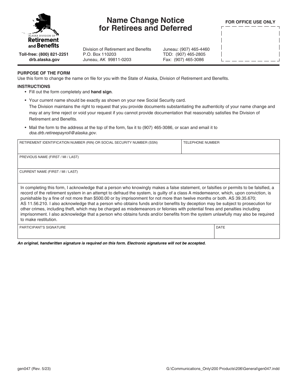 Form GEN047 Download Fillable PDF or Fill Online Name Change Notice for ...