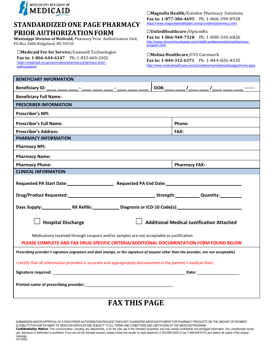 2023 Mississippi Standardized One Page Pharmacy Prior Authorization ...