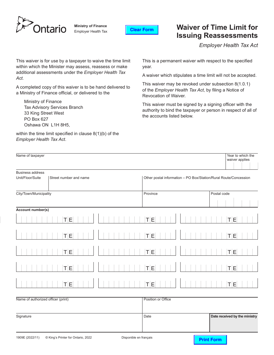 Form 1909E - Fill Out, Sign Online and Download Fillable PDF, Ontario ...