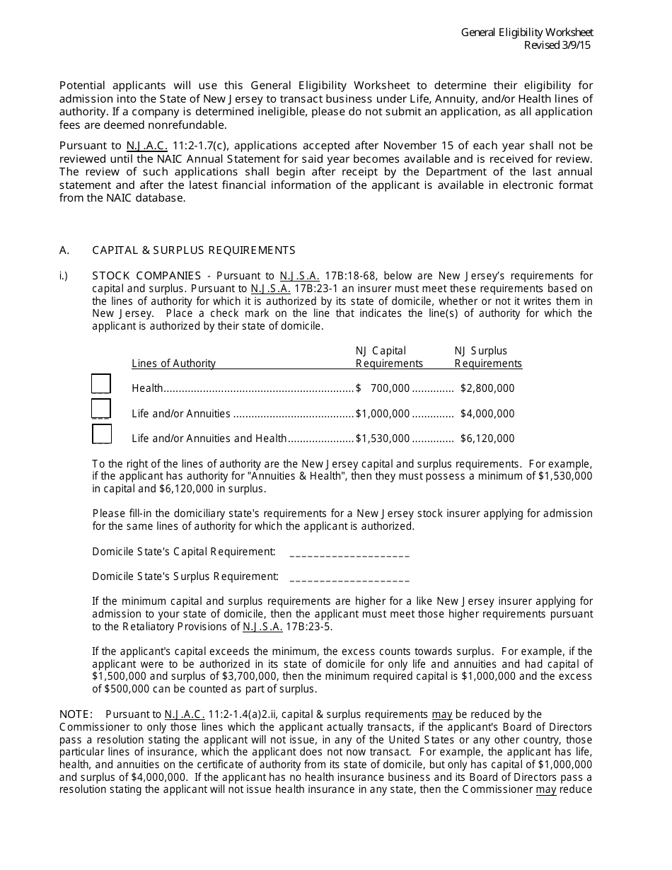 New Jersey General Eligibility Worksheet - Life and Health - Fill Out ...