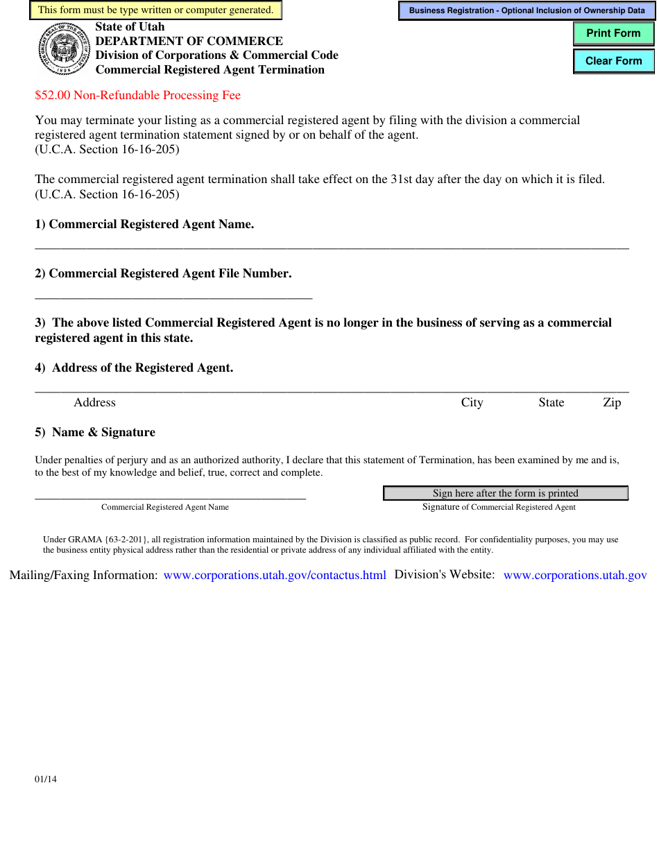 Utah Commercial Registered Agent Termination - Fill Out, Sign Online ...
