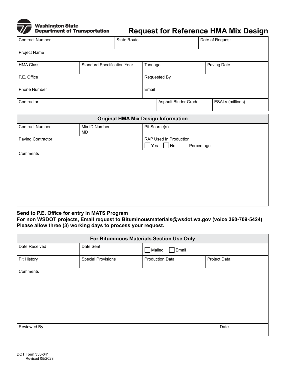 DOT Form 350-041 Download Fillable PDF or Fill Online Request for Reference Hma Mix Design ...