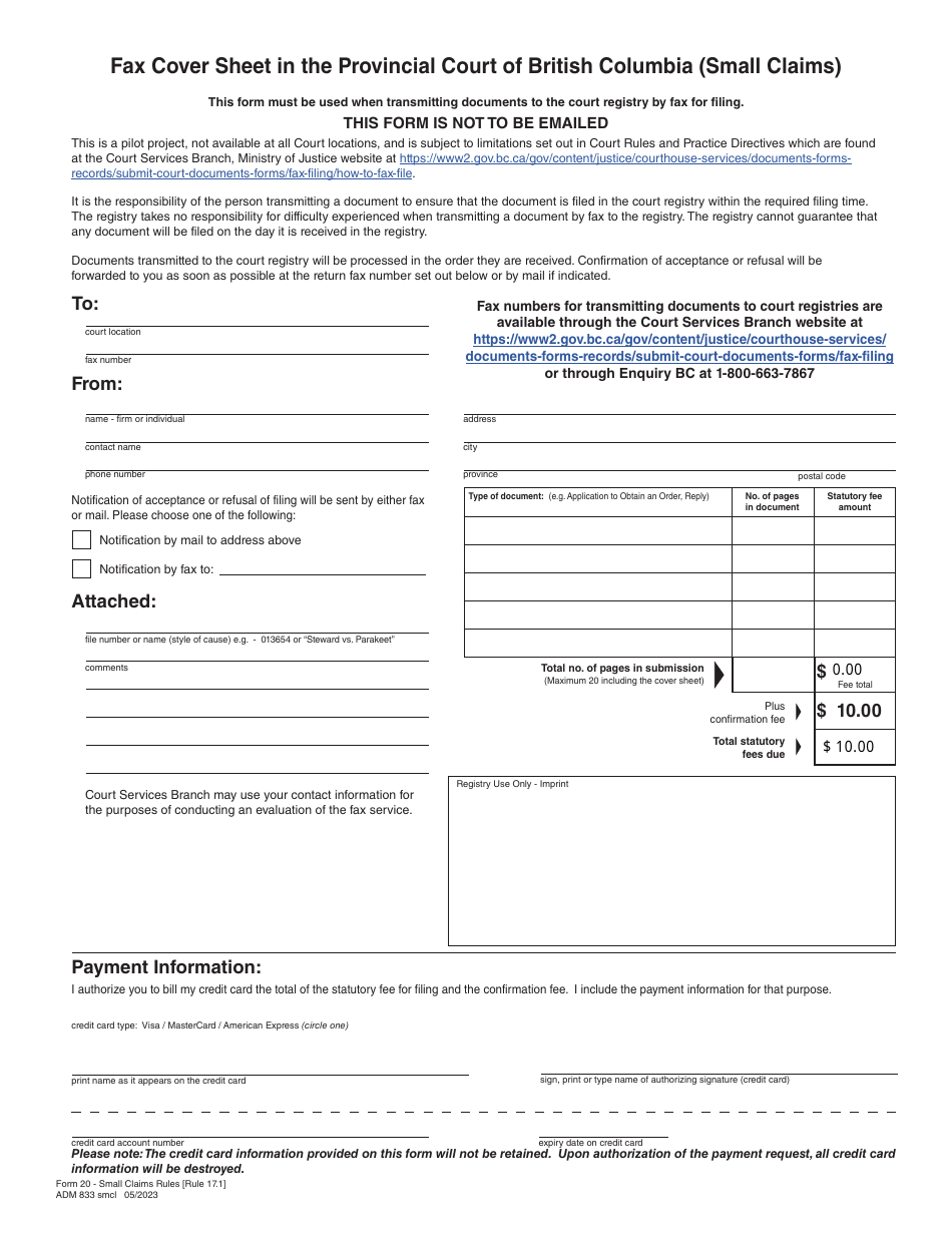SCR Form 20 (ADM833) Download Fillable PDF or Fill Online Fax Cover ...