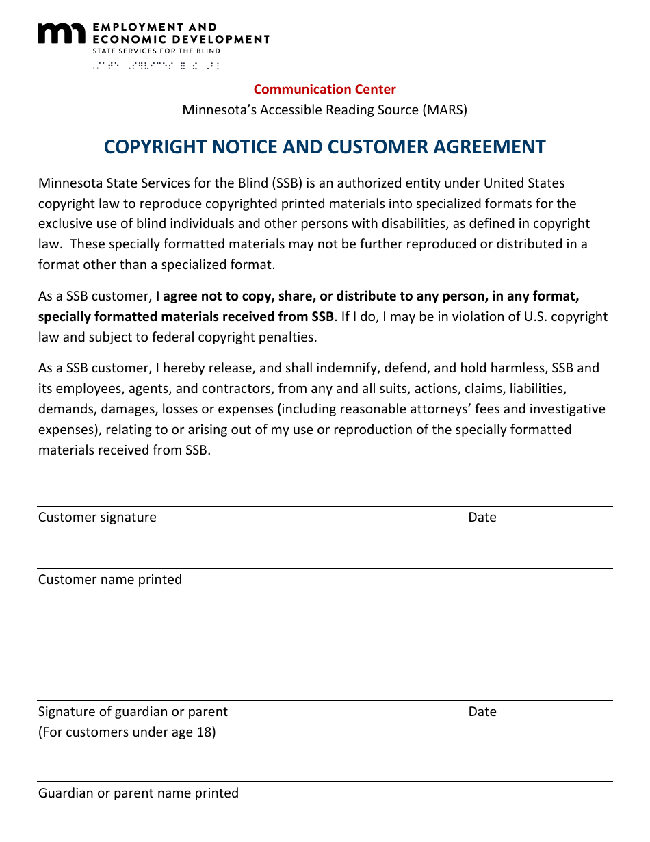 Minnesota Copyright Notice and Customer Agreement - Fill Out, Sign ...