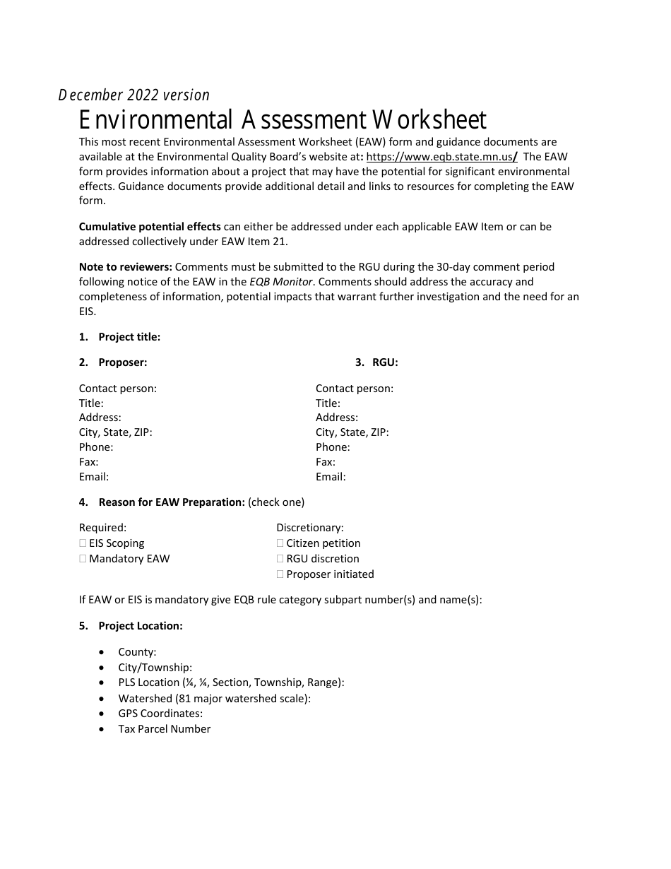 Minnesota Environmental Assessment Worksheet - Fill Out, Sign Online ...