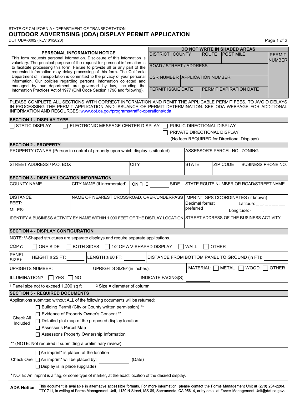 Form DOT ODA-0002 - Fill Out, Sign Online and Download Fillable PDF ...