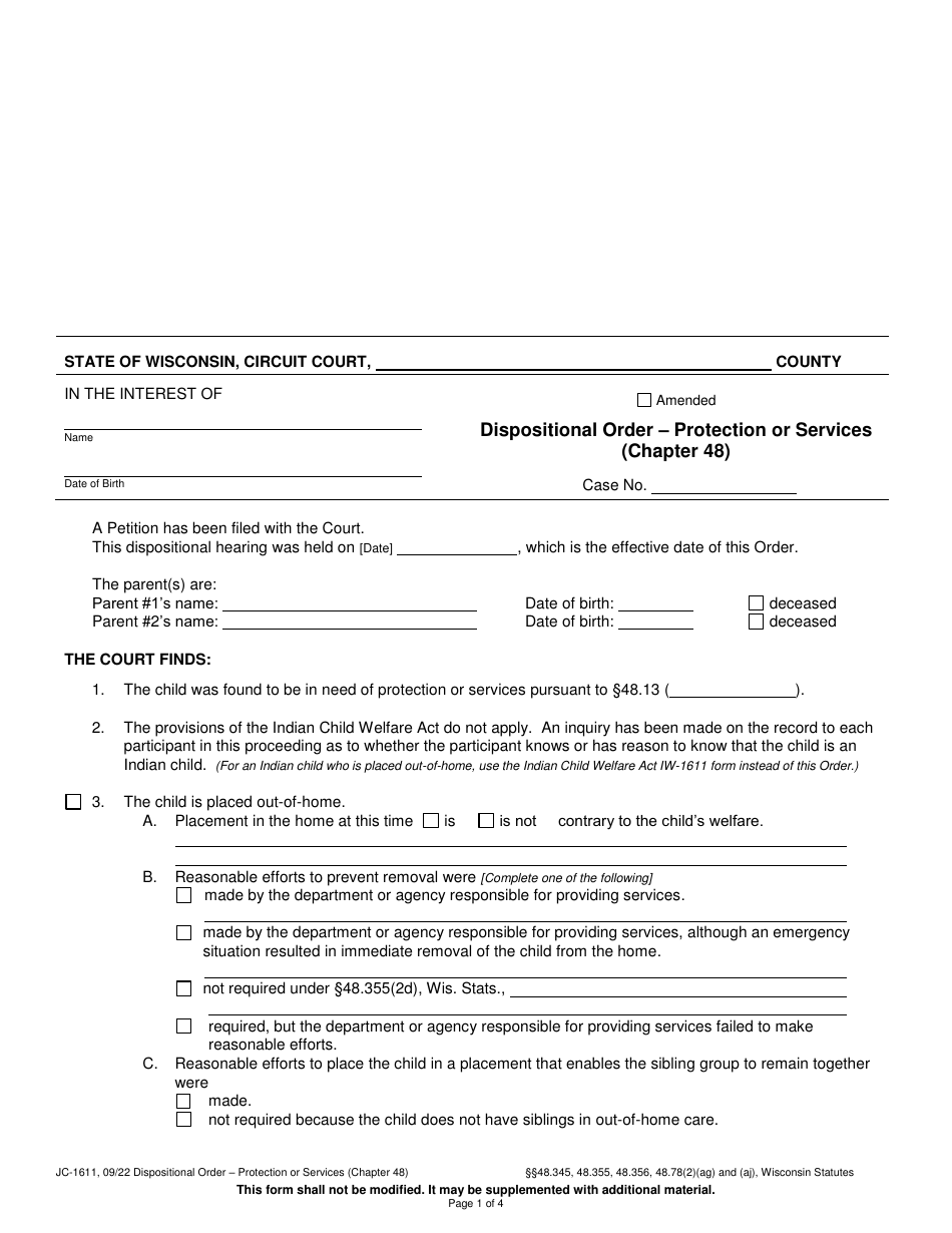 Form JC-1611 - Fill Out, Sign Online and Download Printable PDF, Wisconsin | Templateroller