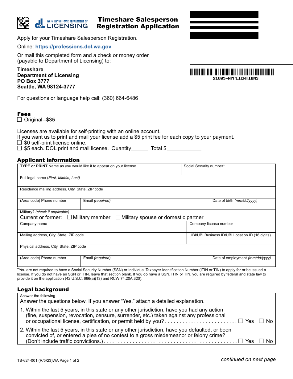 Form TS-624-001 - Fill Out, Sign Online and Download Fillable PDF, Washington | Templateroller