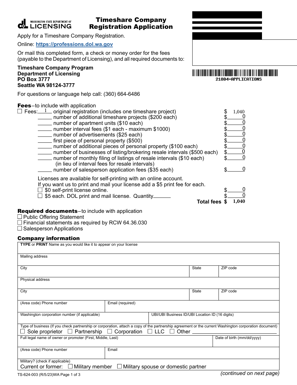 Form TS-624-003 Download Fillable PDF or Fill Online Timeshare Company ...