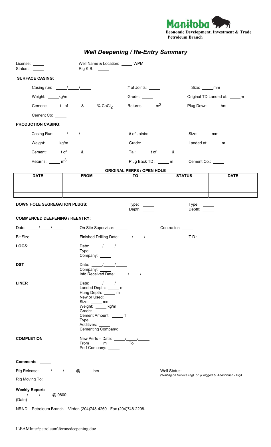 Manitoba Canada Well Deepening/Re-entry Summary - Fill Out, Sign Online ...