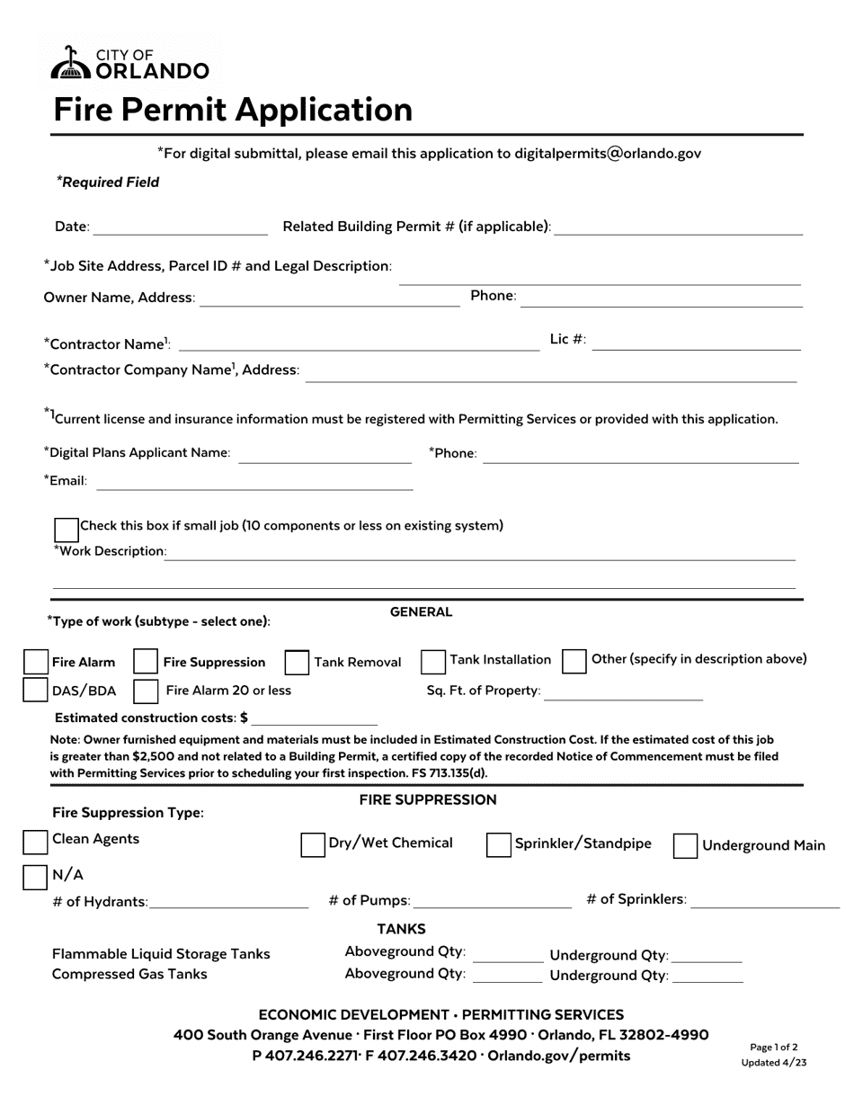 City of Orlando, Florida Fire Permit Application Download Fillable PDF ...
