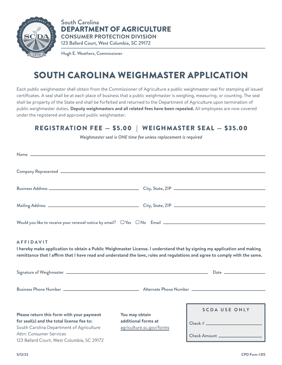 CPD Form 315 Download Fillable PDF or Fill Online South Carolina ...
