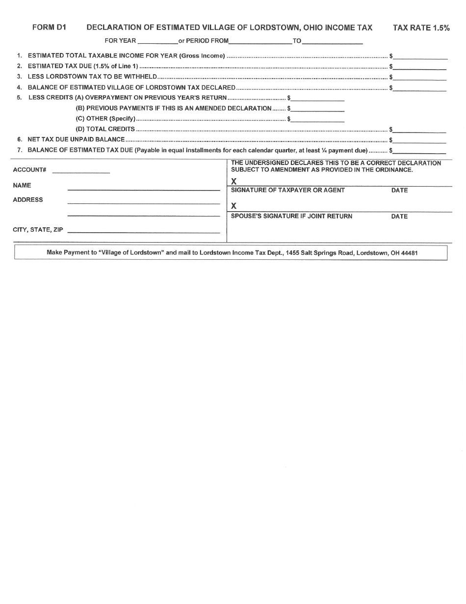 Form D1 - Fill Out, Sign Online and Download Printable PDF, Village of ...