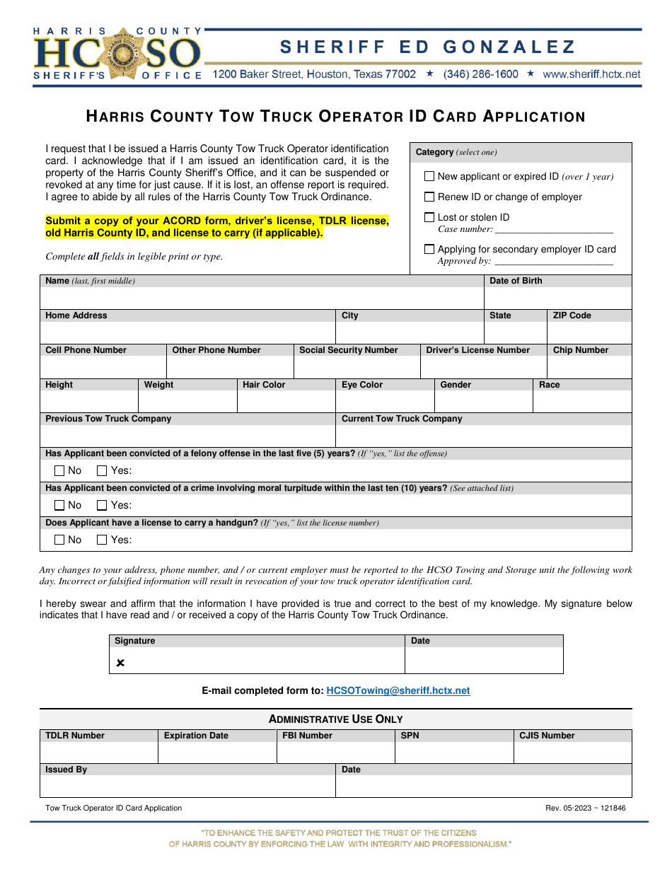 Harris County, Texas Tow Truck Operator Id Card Application Download ...