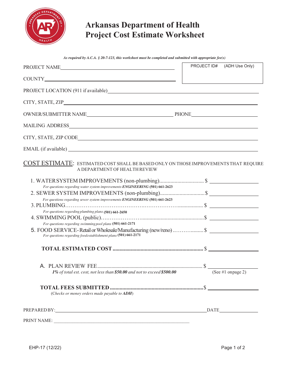 Form EHP-17 - Fill Out, Sign Online and Download Fillable PDF, Arkansas ...