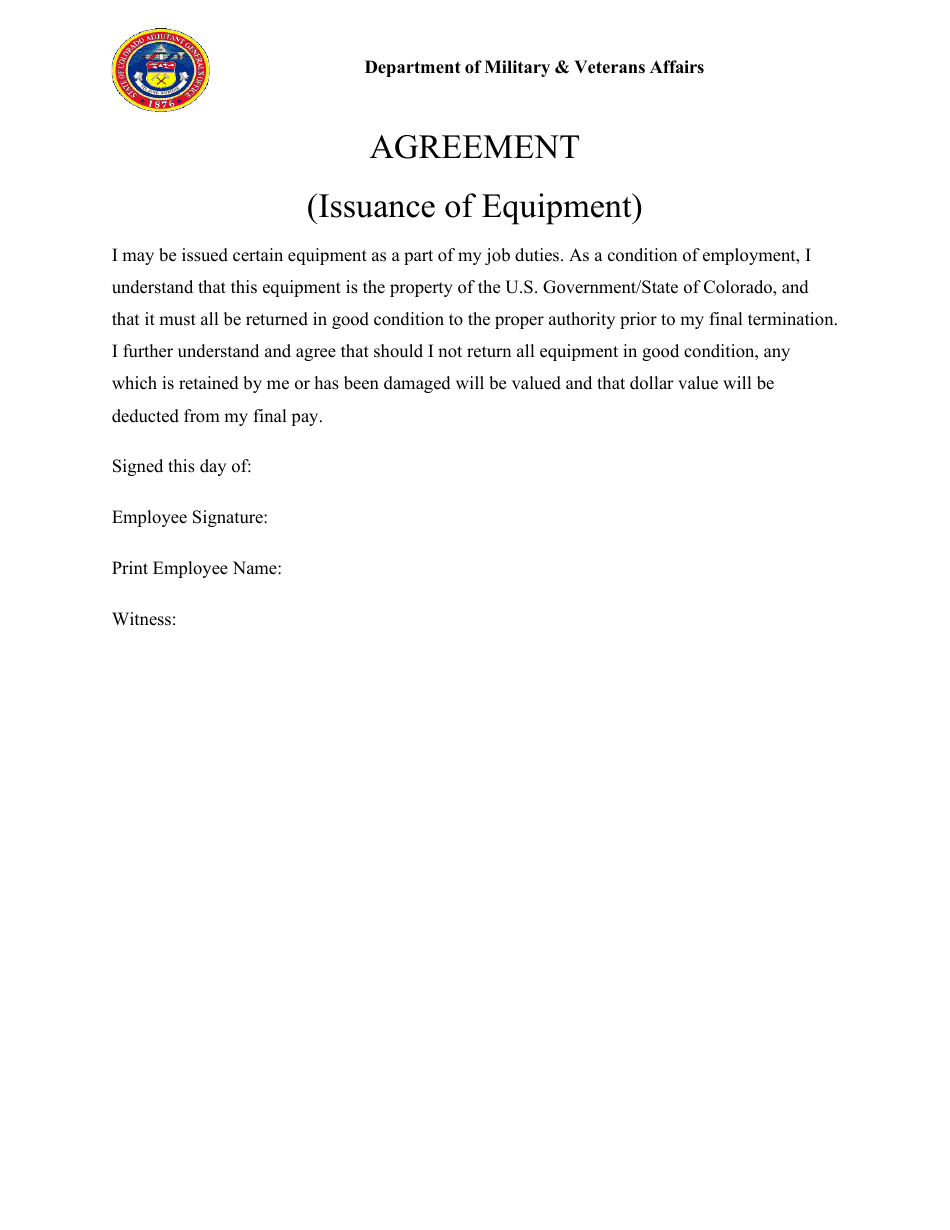 Colorado Agreement (Issuance of Equipment) - Fill Out, Sign Online and ...