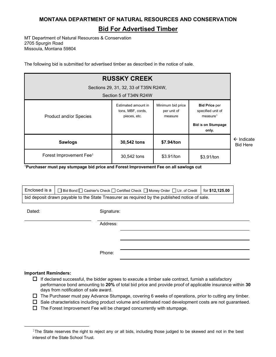 Montana Bid for Advertised Timber - Russky Creek - Fill Out, Sign Online and Download PDF ...