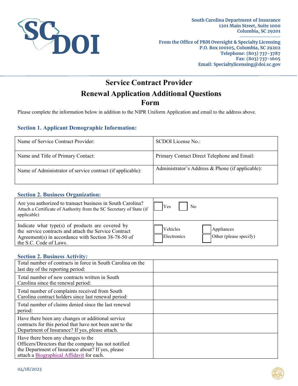 South Carolina Service Contract Provider Renewal Application Additional ...