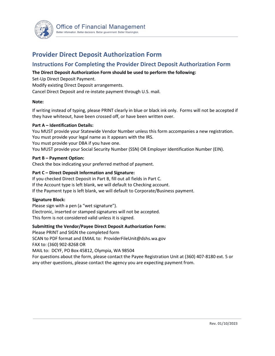 Washington Provider Direct Deposit Authorization Form - Fill Out, Sign ...