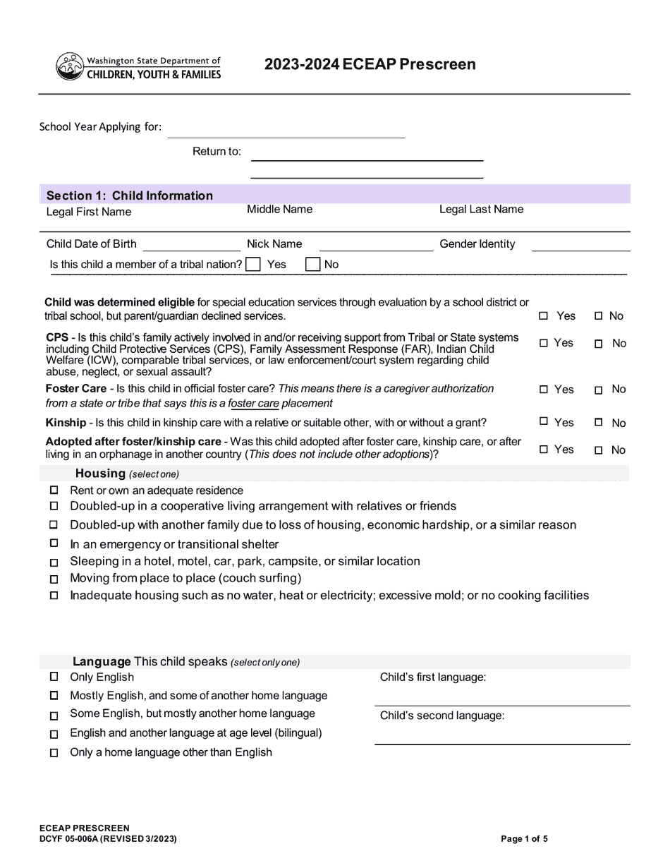 DCYF Form 05-006A Download Fillable PDF or Fill Online Eceap Prescreen ...