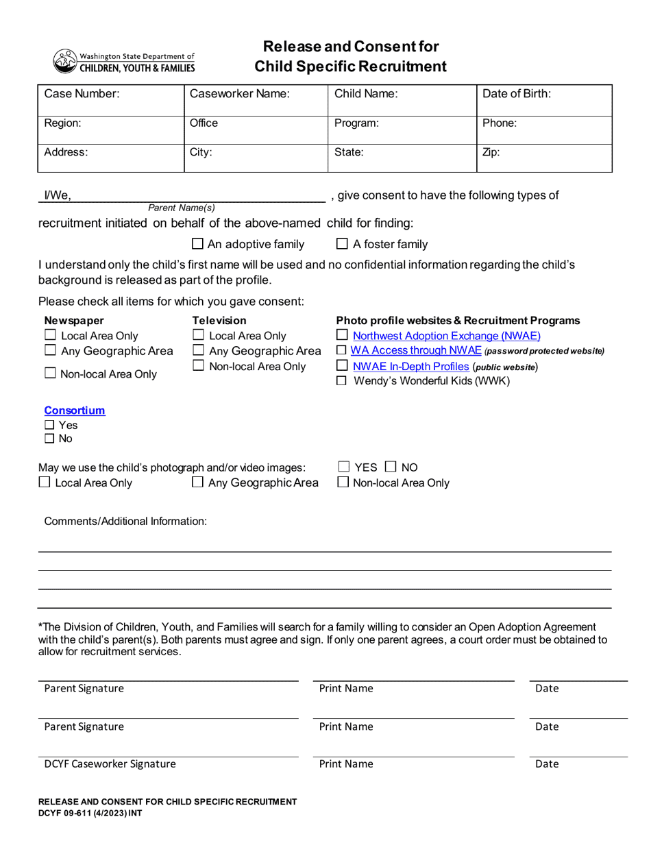 DCYF Form 09-611 Download Fillable PDF or Fill Online Release and ...