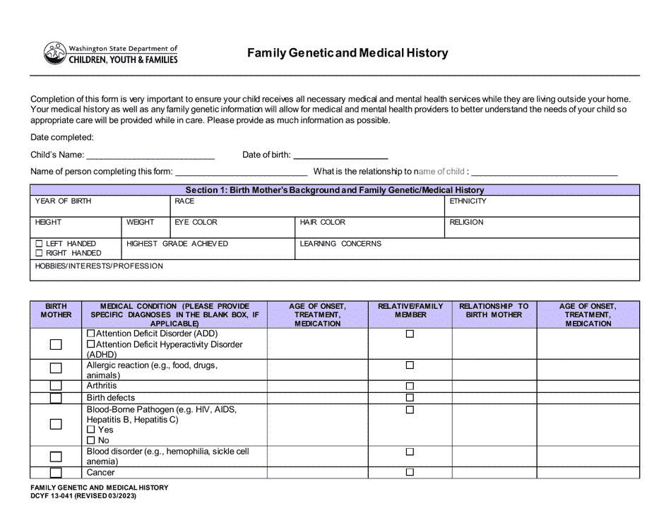DCYF Form 13-041 Download Fillable PDF or Fill Online Family Genetic ...