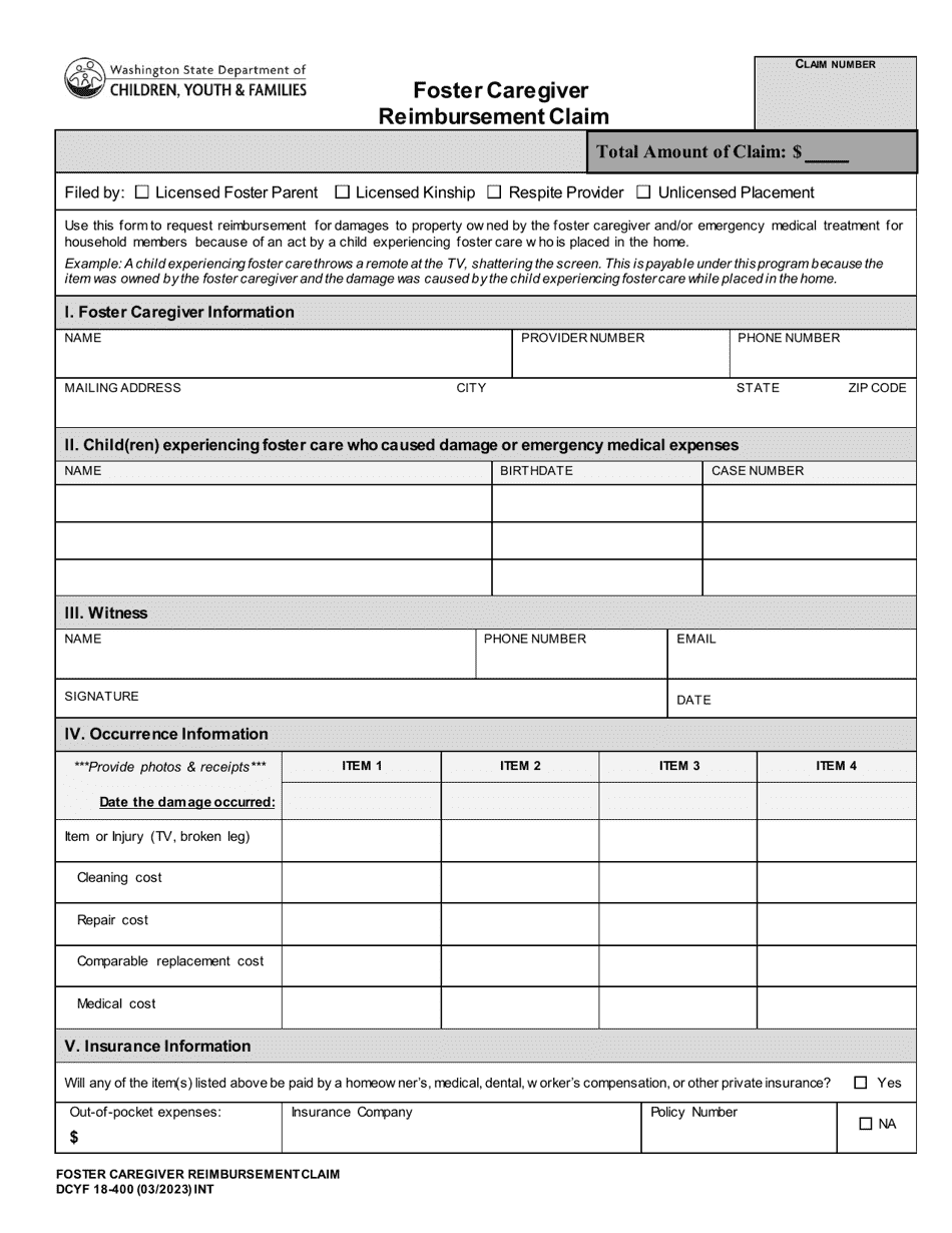 DCYF Form 18-400 Download Fillable PDF or Fill Online Foster Caregiver ...
