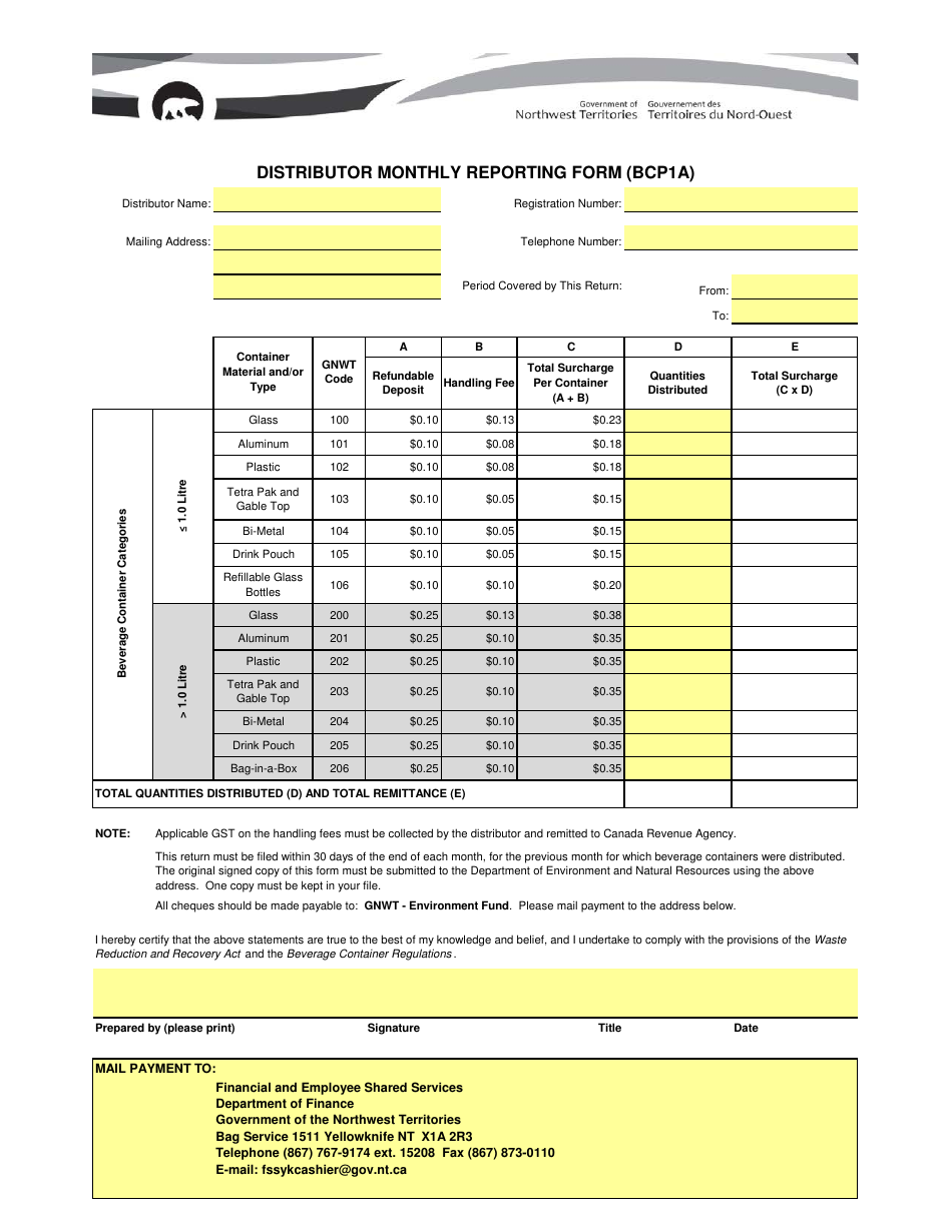 Form BCP1A - Fill Out, Sign Online and Download Printable PDF, Northwest Territories Canada ...