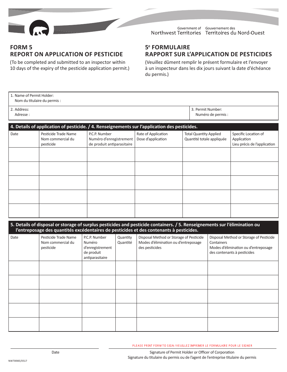 Form 5 (NWT8985) - Fill Out, Sign Online and Download Fillable PDF ...