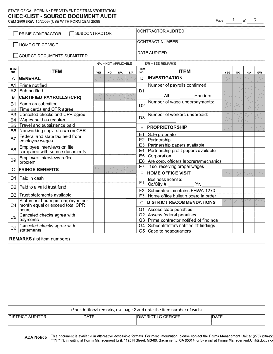 Form CEM-2509 - Fill Out, Sign Online and Download Fillable PDF, California | Templateroller