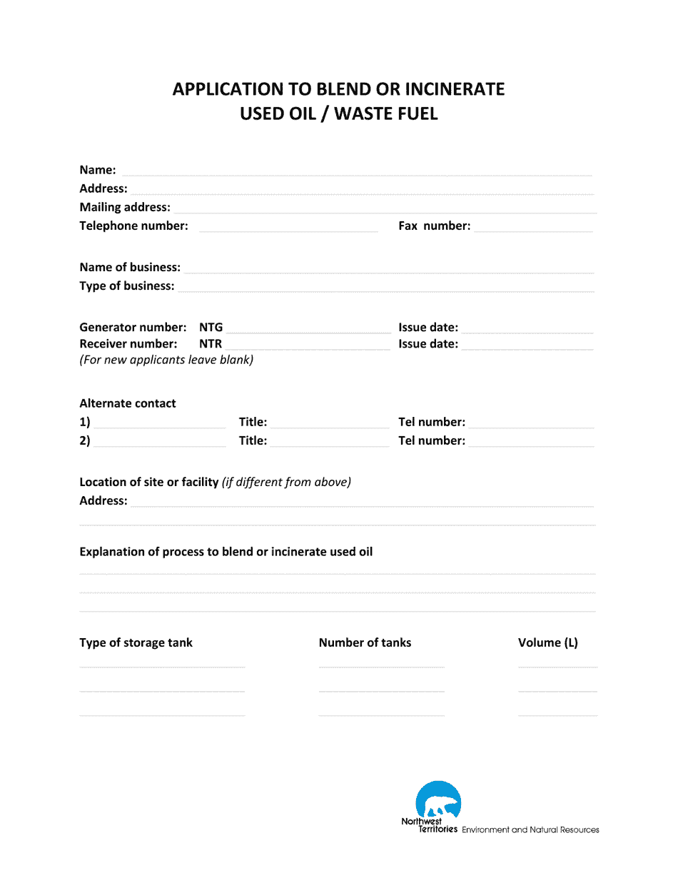Northwest Territories Canada Application to Blend or Incinerate Used ...