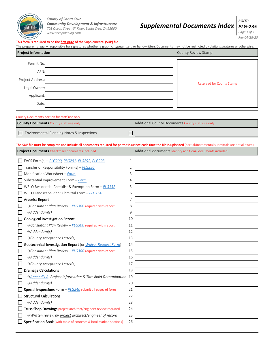 Form PLG-235 - Fill Out, Sign Online and Download Fillable PDF, Santa Cruz County, California ...
