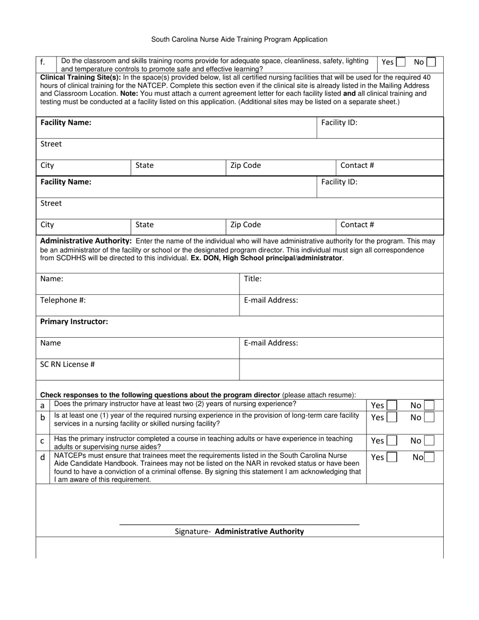 South Carolina South Carolina Nurse Aide Training Program Application ...