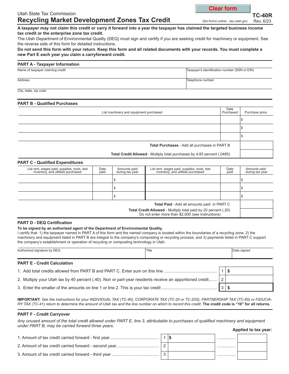 Form TC-40R - Fill Out, Sign Online and Download Fillable PDF, Utah ...