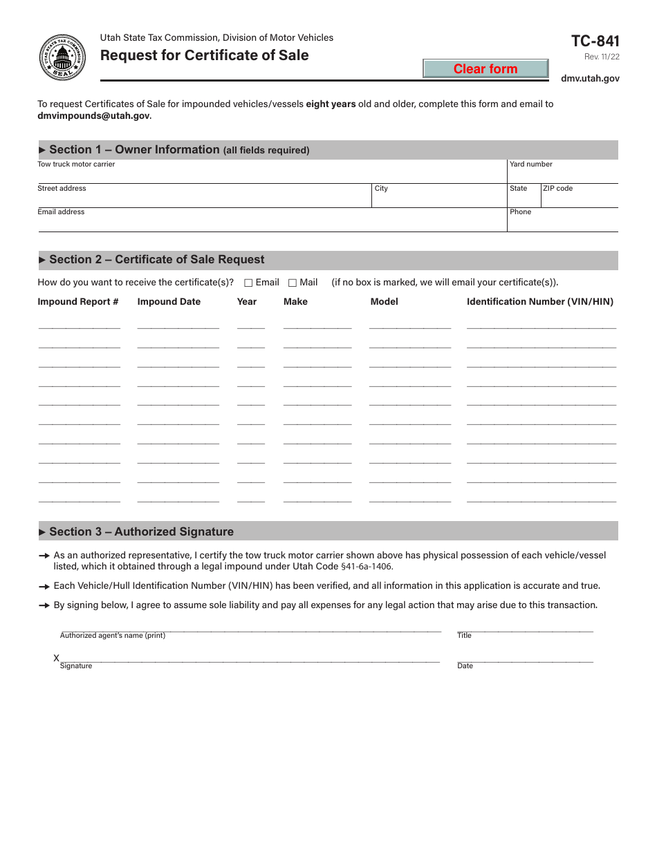 Form TC-841 - Fill Out, Sign Online and Download Fillable PDF, Utah | Templateroller
