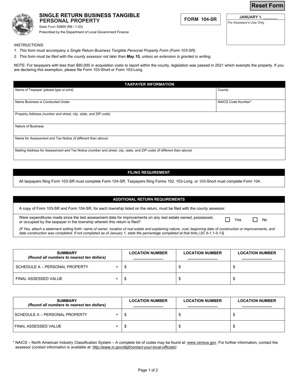 State Form 53855 (104-SR) Download Fillable PDF or Fill Online Single ...