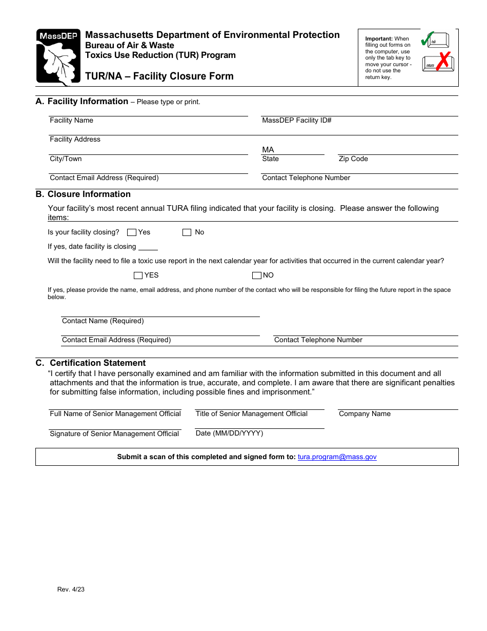 Massachusetts Tur/Na - Facility Closure Form - Toxics Use Reduction ...