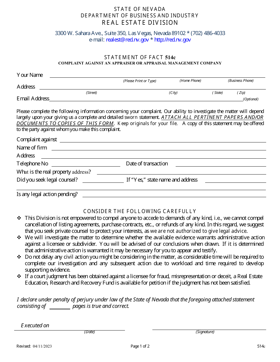 Form 514C - Fill Out, Sign Online and Download Fillable PDF, Nevada ...