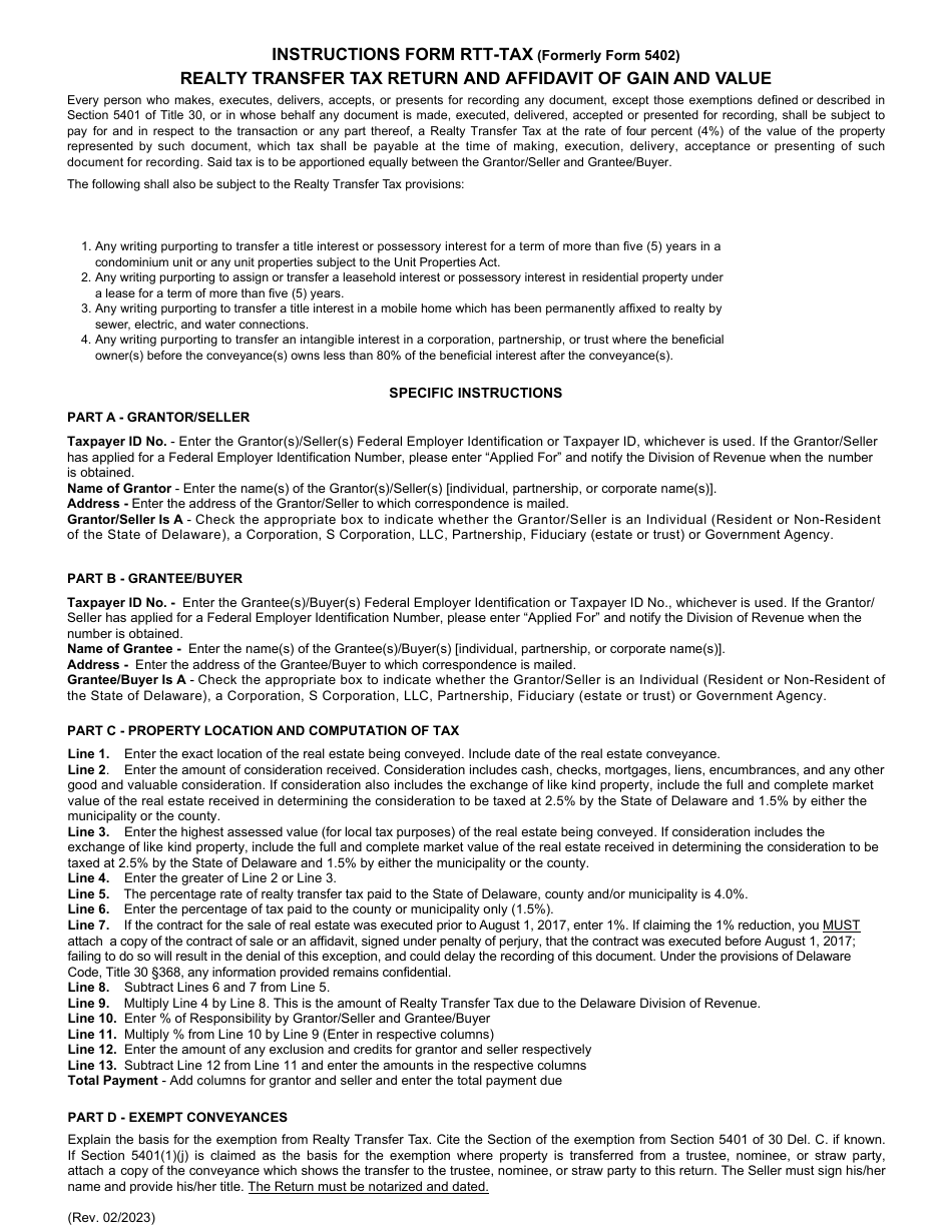 Download Instructions for Form RTT-TAX Realty Transfer Tax Return and ...