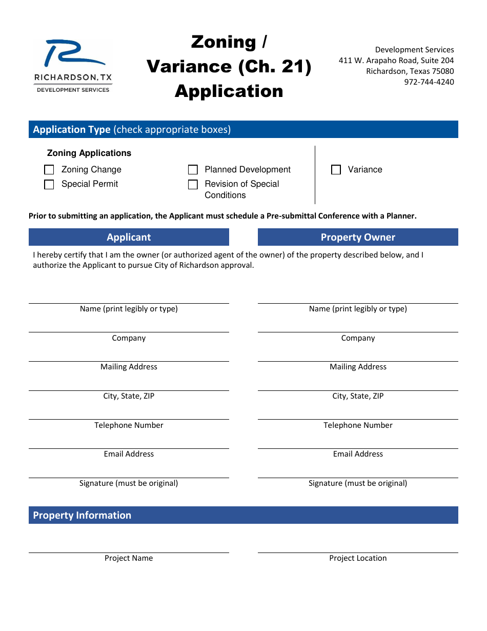 City of Richardson, Texas Zoning/Variance (Ch. 21) Application - Fill ...