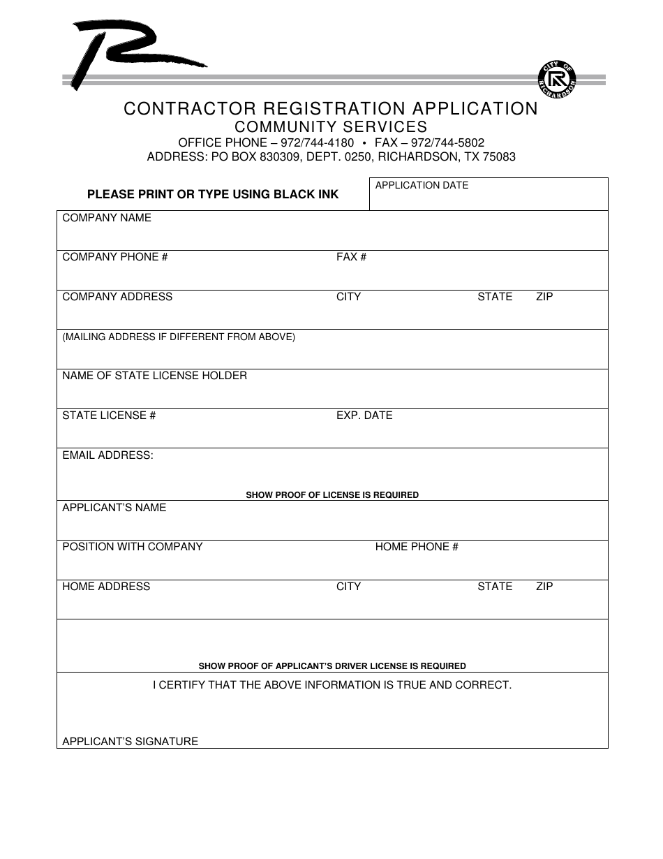 City of Richardson, Texas Contractor Registration Application - Fill ...