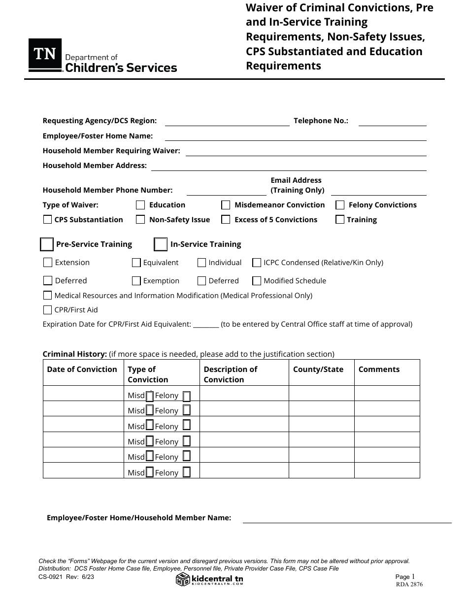 Form CS-0921 - Fill Out, Sign Online and Download Fillable PDF, Tennessee | Templateroller