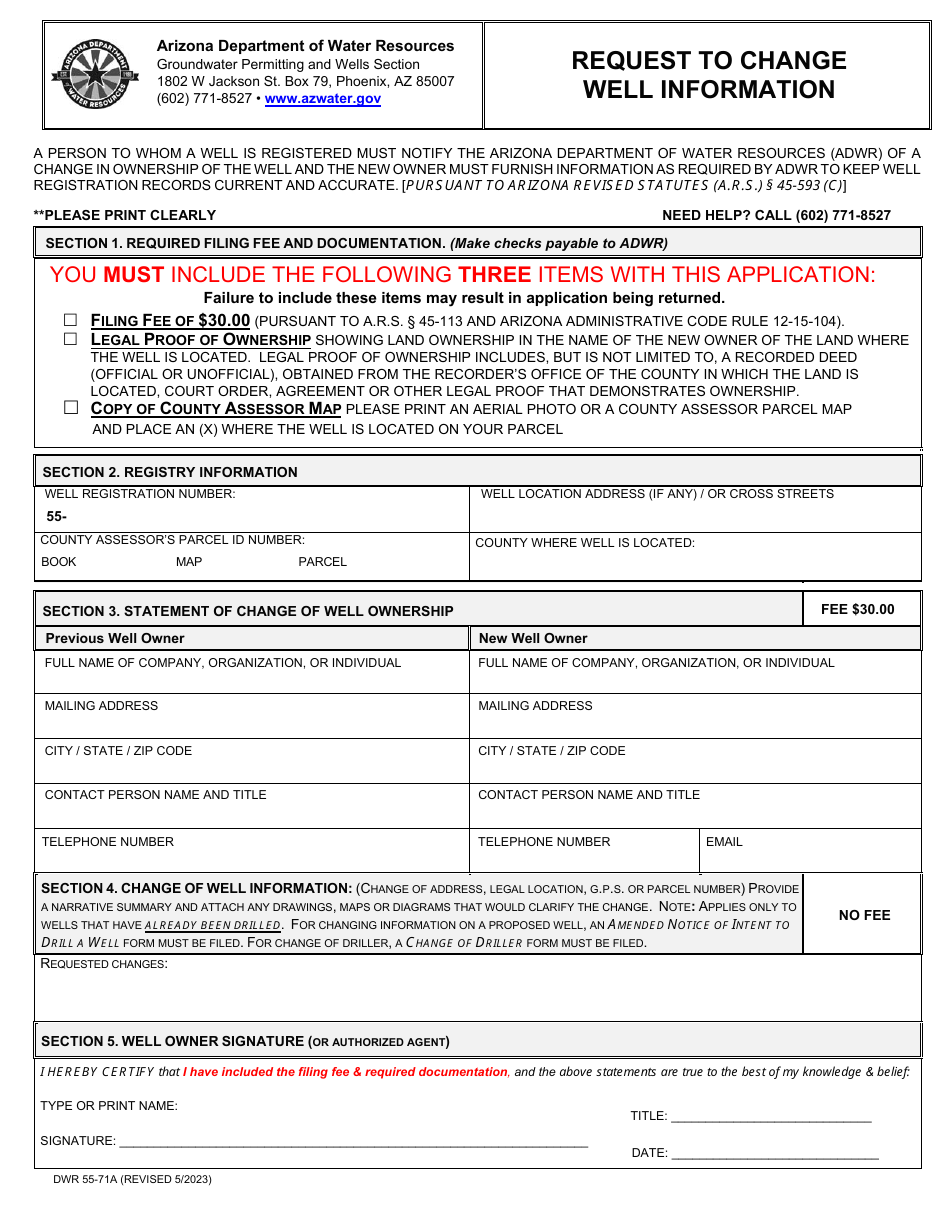 Form DWR55-71A Download Fillable PDF or Fill Online Request to Change ...