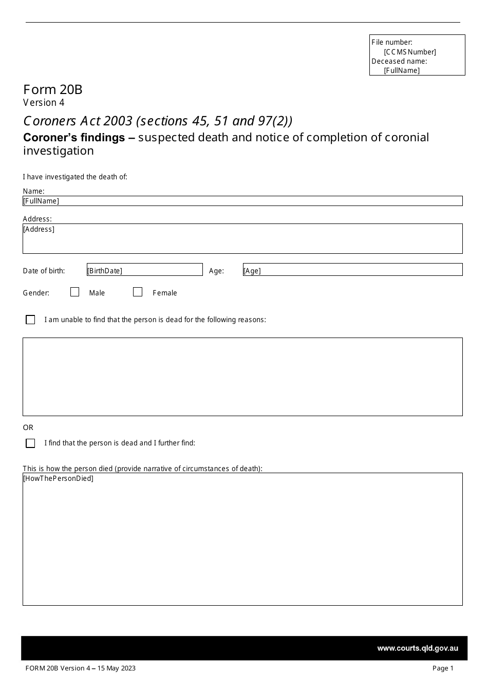 Form 20B Download Printable PDF or Fill Online Coroner's Findings ...