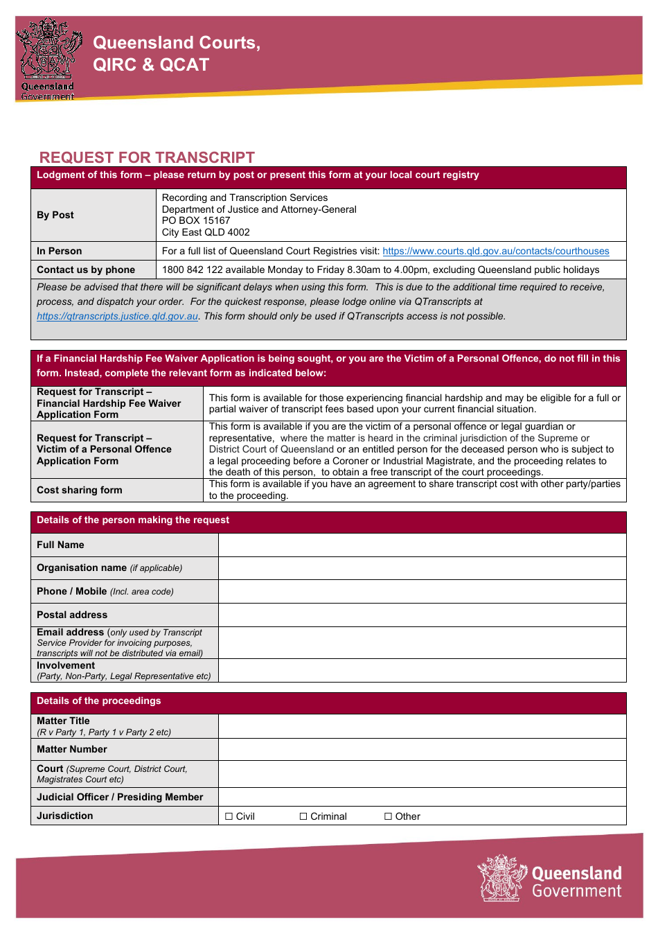 Queensland Australia Request for Transcript - Fill Out, Sign Online and ...