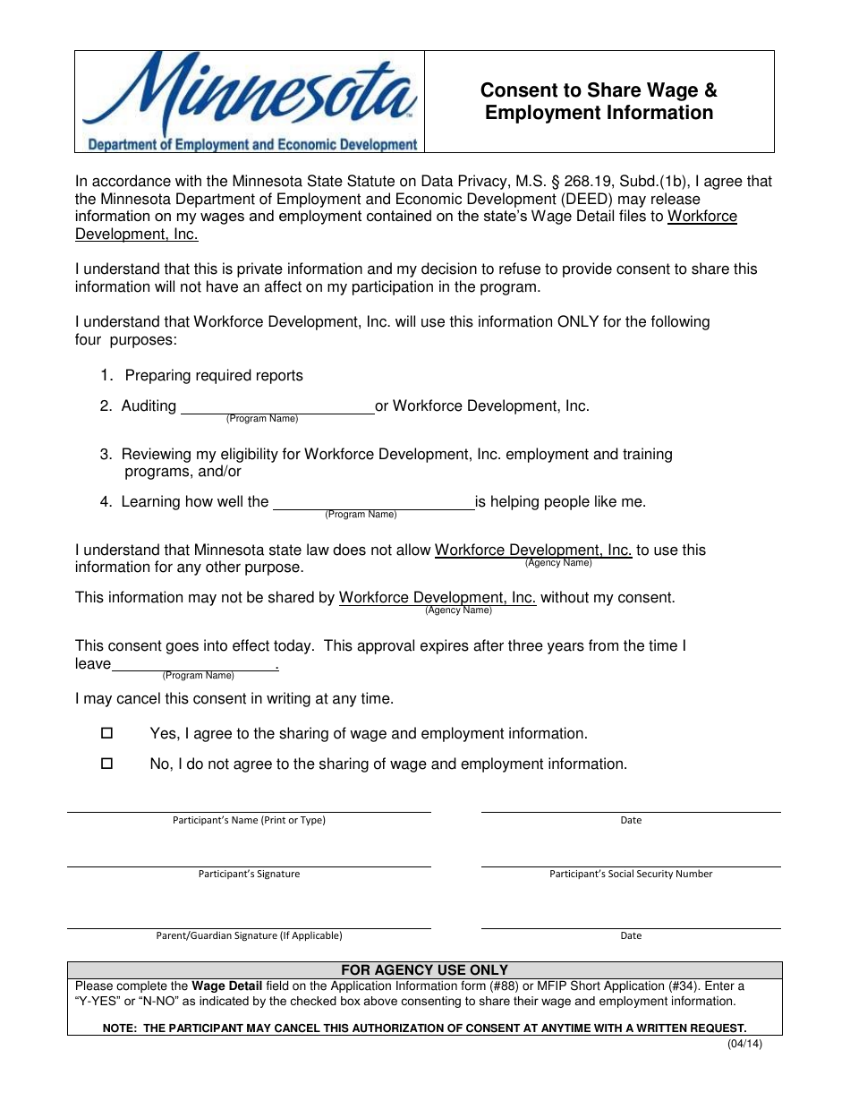 Minnesota Consent to Share Wage & Employment Information - Fill Out ...