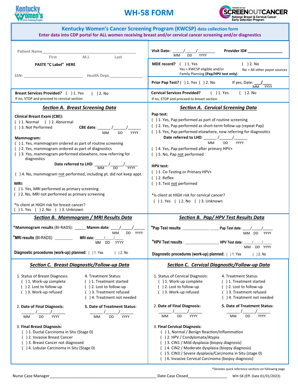 Form WH-58 Download Printable PDF or Fill Online Kentucky Women's ...
